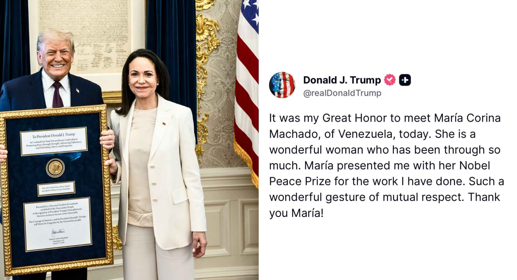 María Corina Machado Presents Her Nobel Peace Prize Medal to President ...
